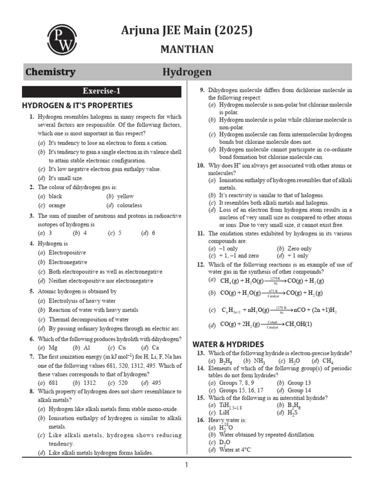 JEE Main Chemistry: Hydrogen Quiz | PDF | Hydrogen Peroxide | Hydrogen