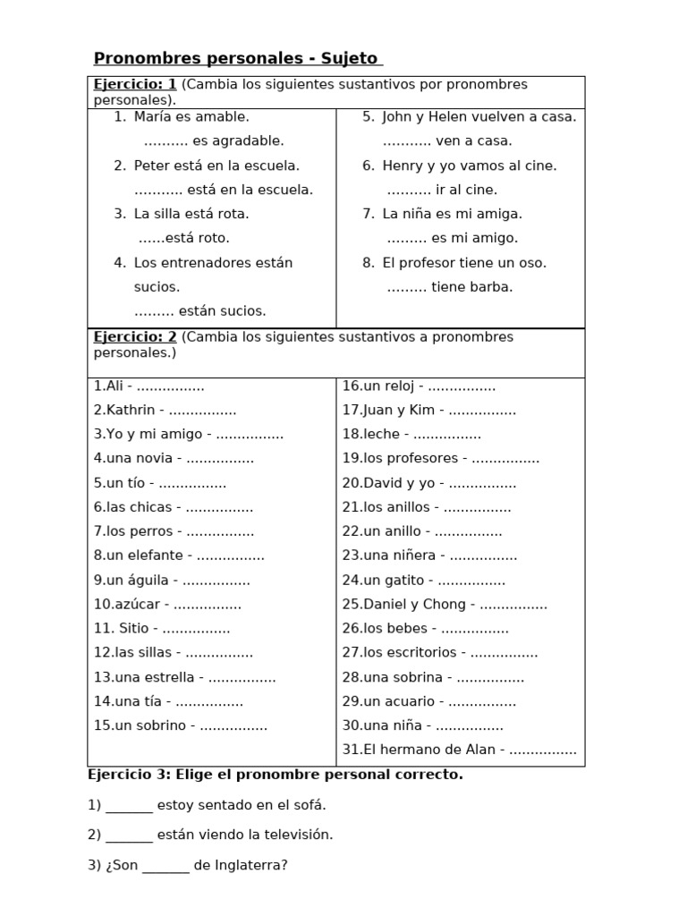 Ejercicios de Pronombres Personales | PDF | Pronombre | Morfología ...