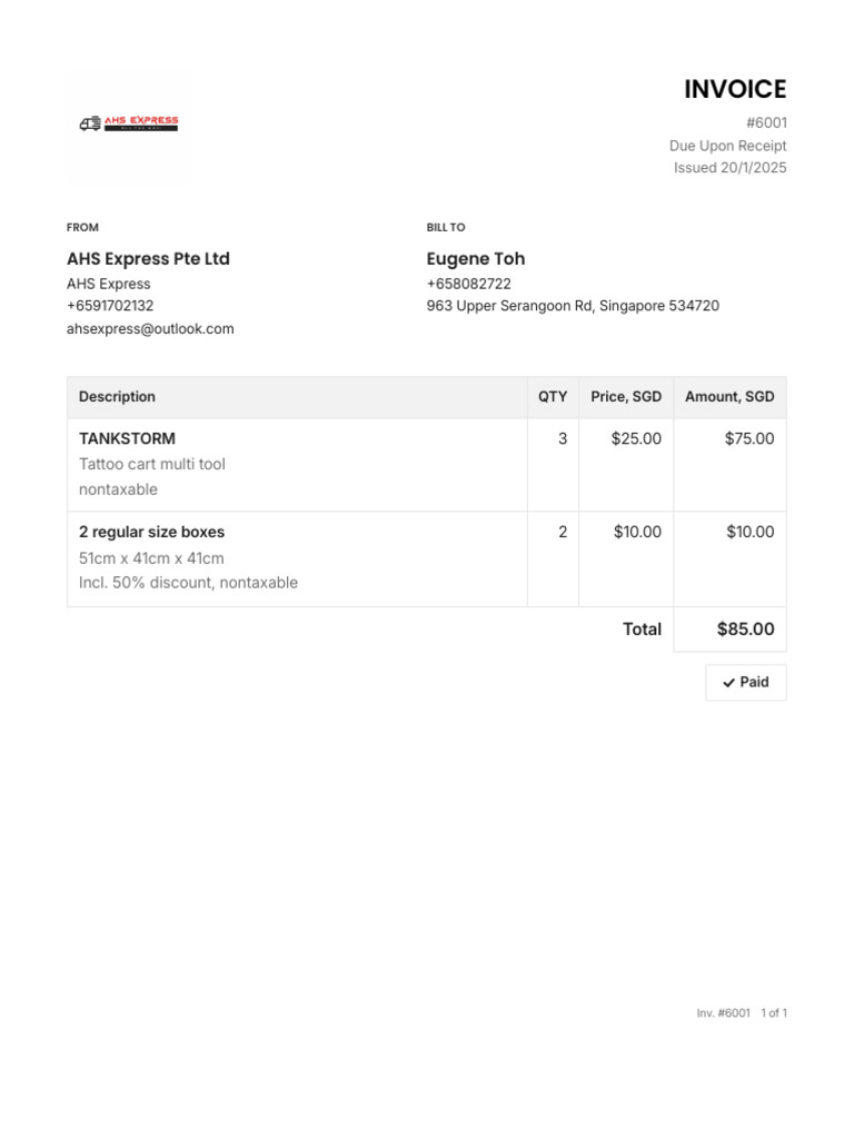 Invoice #6001 for Tattoo Supplies | PDF