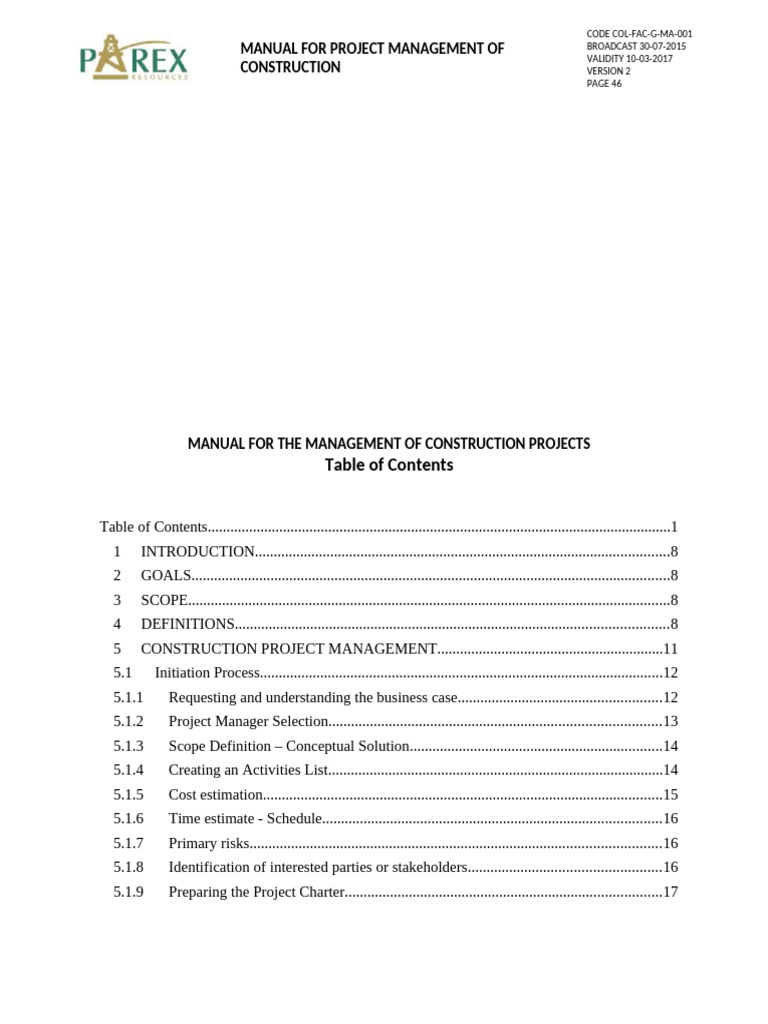 COL-FAC-G-MA-001 Construction Project Management Manual R1 | PDF ...