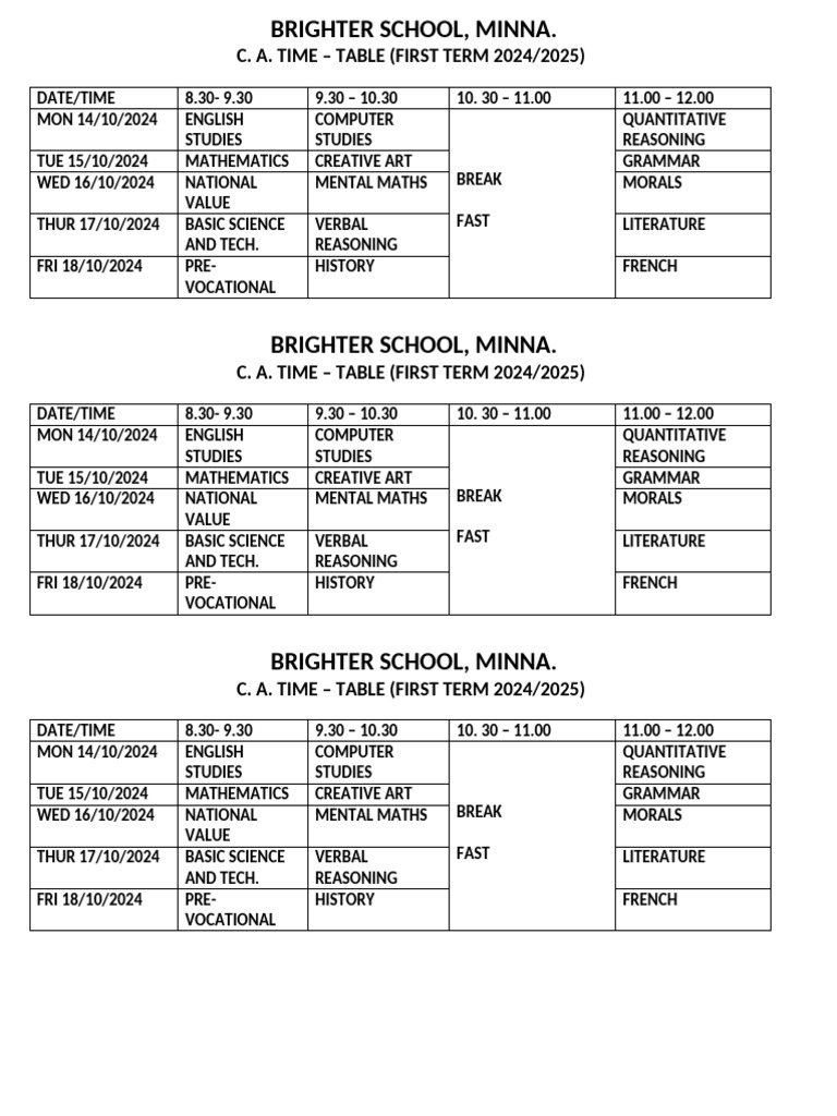 C A Time Table First Term 2024 | PDF