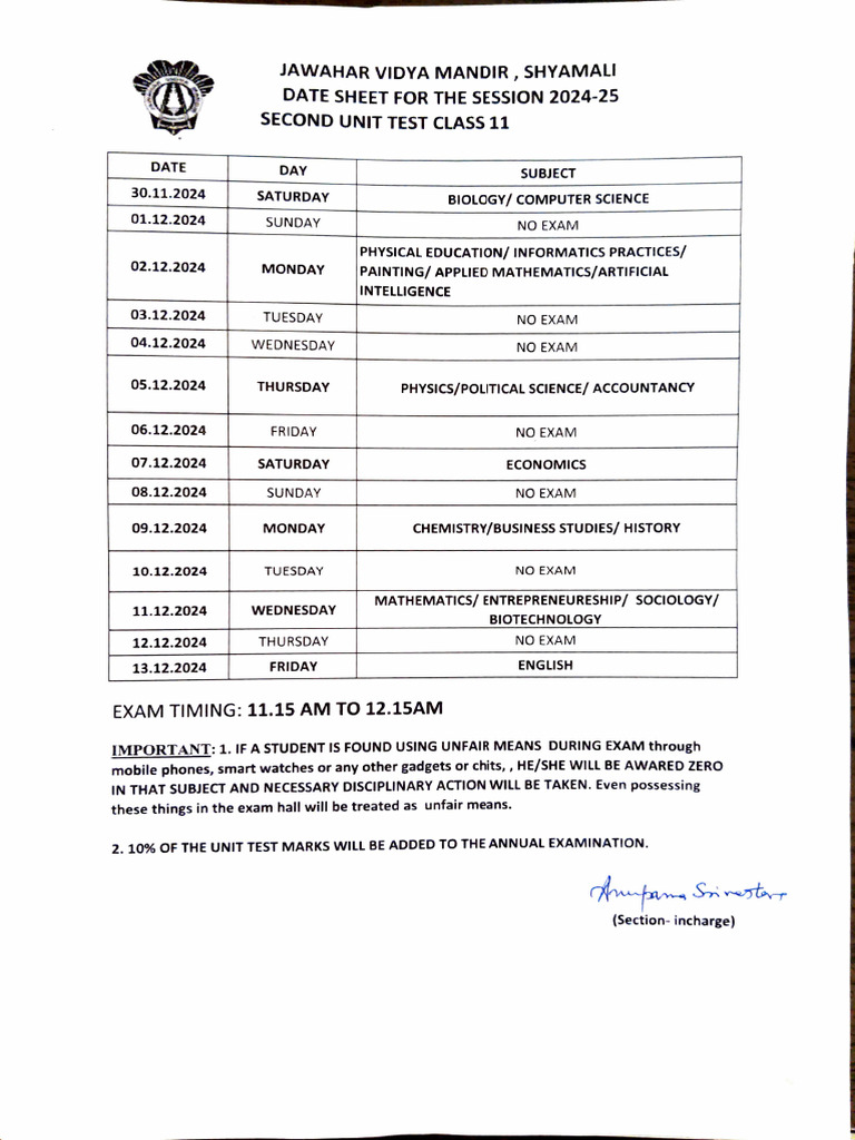 Revised Date Sheet Class 11 Unit Test 2 | PDF