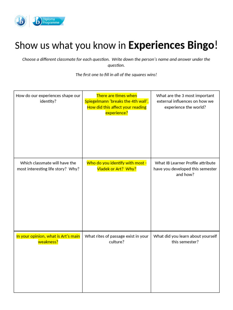 Experiences Bingo: Show Us What You Know in | PDF | Cognition | Social ...