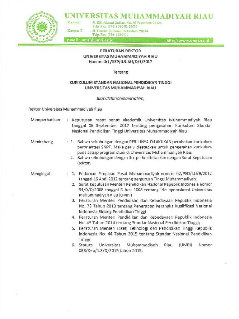 SK Rektor No. 064-2017 Kurikulum Standar Nasional UMRI | PDF