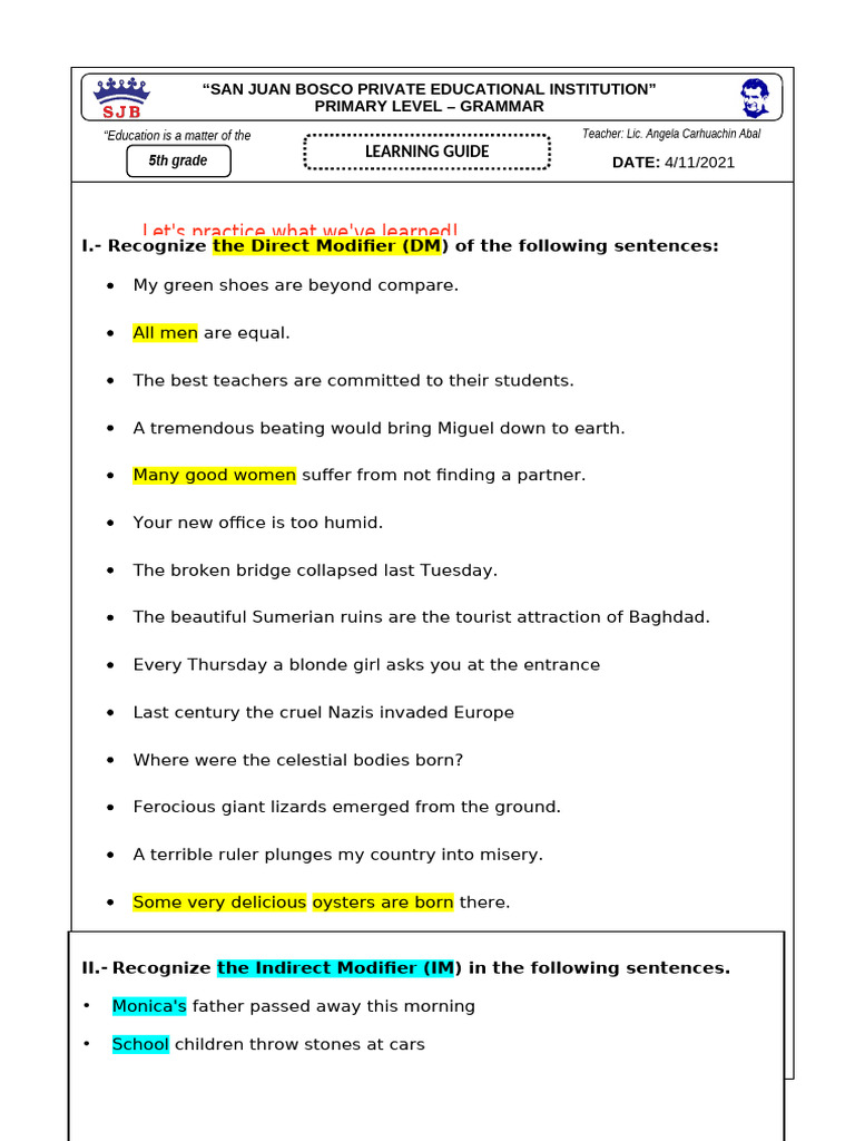 Subject Modifier Sheet November 4 | PDF