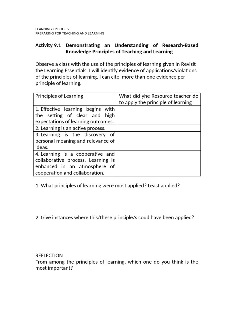 Learning Episode 9 As Activity 9.1 9.3 | PDF | Learning | Teachers