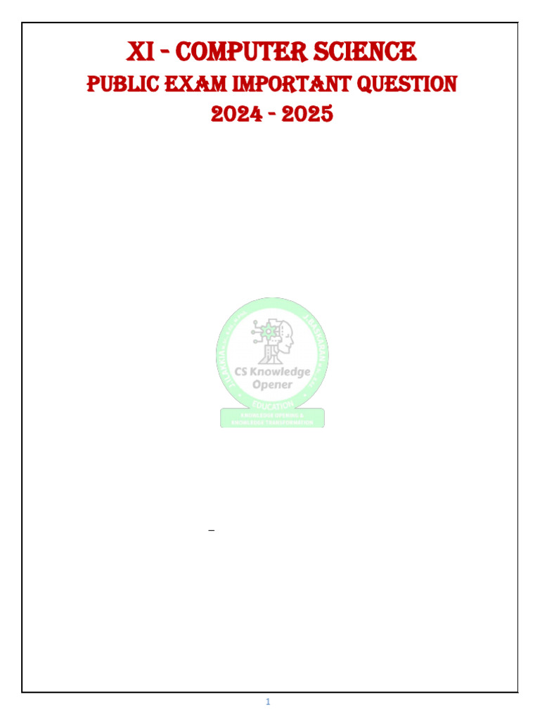 Xi - CS em Public Exam Important Question 2024-2025 | PDF | Computer ...