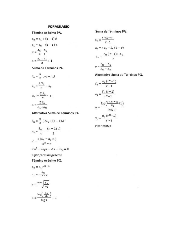 Formulario Progresiones | PDF