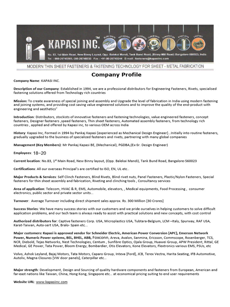 Kapasi Company Profile June 2024 | PDF | Rivet