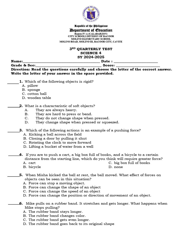 Science 4 3rd Quarterly Test Molino | PDF | Force | Heat Transfer