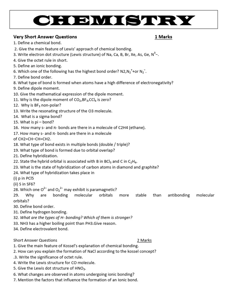 Chemistry Bonding Concepts and Questions | PDF | Chemical Bond ...