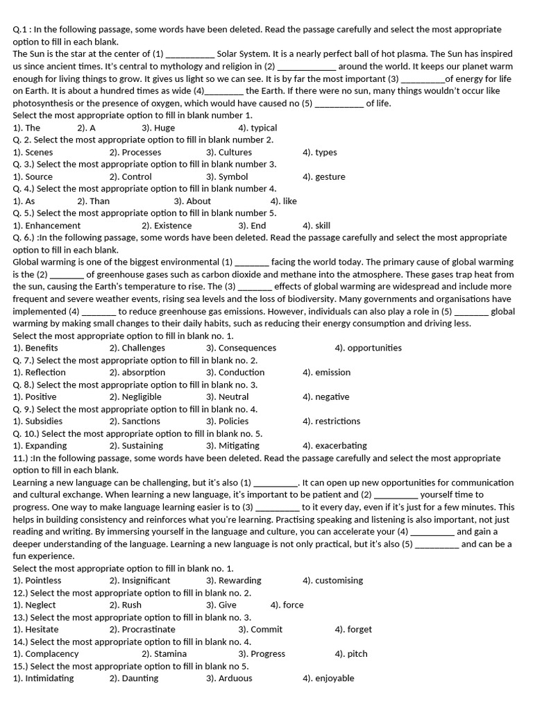 Cloze Passage Sheet For Exams | PDF | Automated Teller Machine | Eye