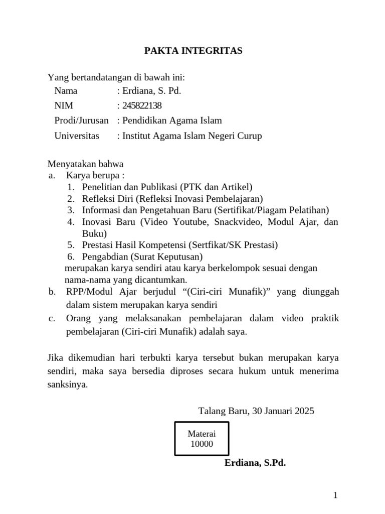 Contoh Pakta Integritas | PDF