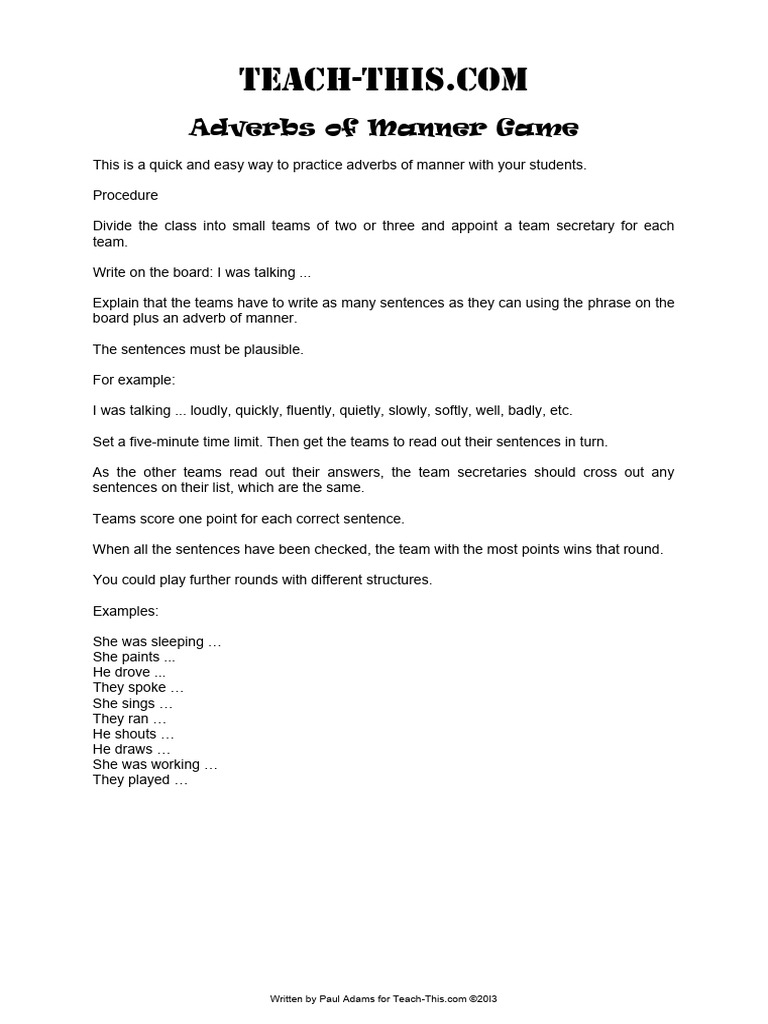 Adverbs of Manner Game | PDF