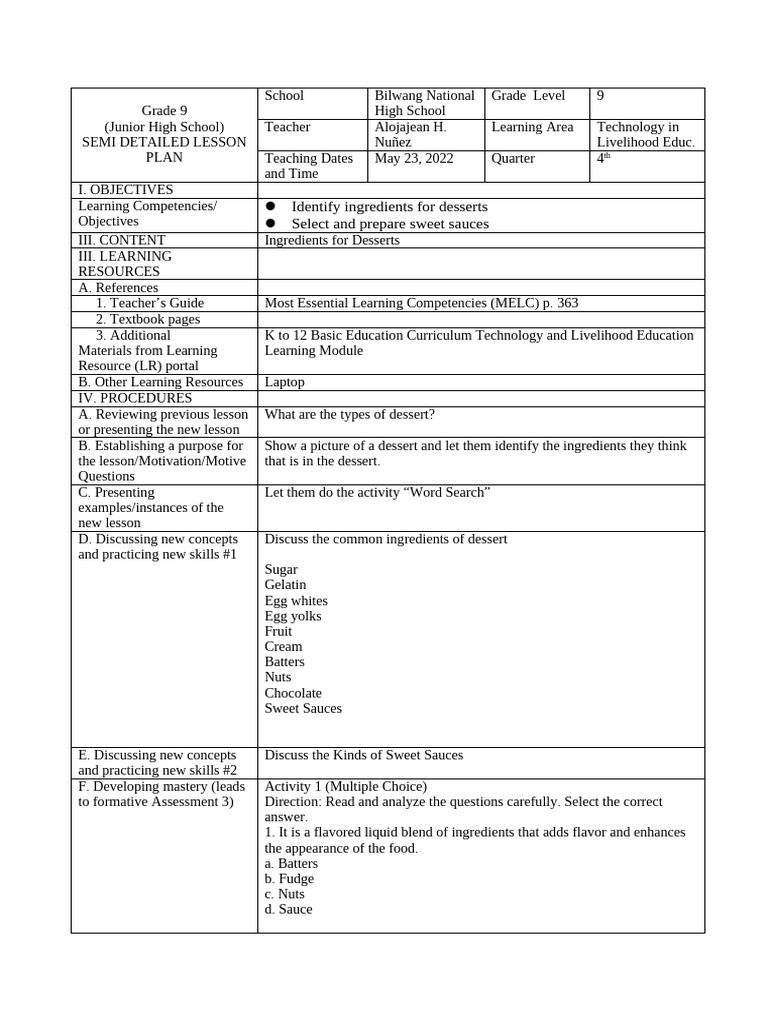TLE 9 (Ingredients of A Dessert) | PDF | Desserts | Custard