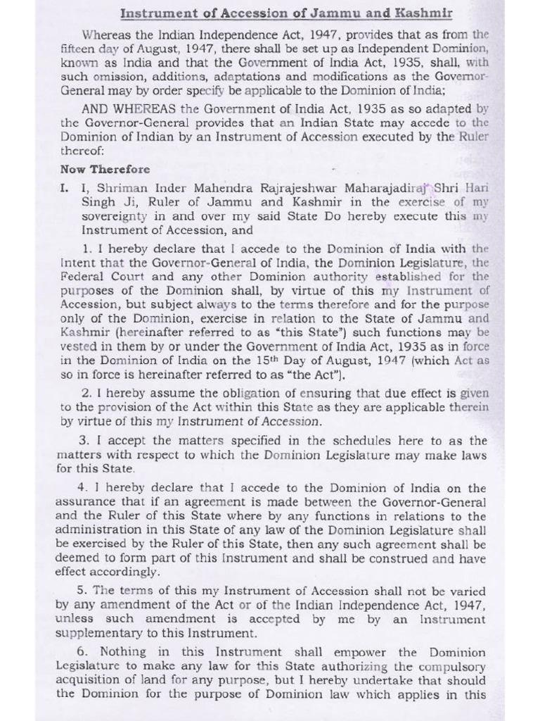 Instrument of Accession (Jammu and Kashmir) | PDF