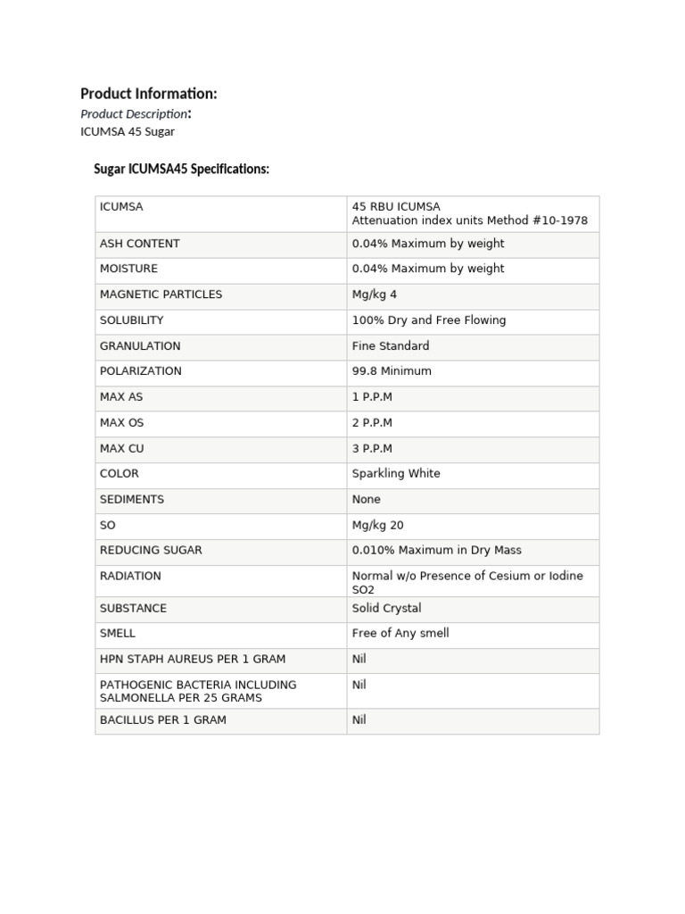 ICUMSA 45 Sugar Specifications | PDF