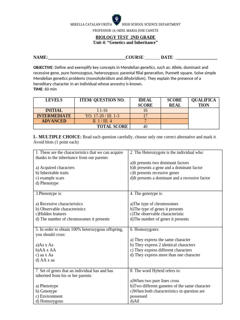 TEST 2M Genetics and Inheritance Biology.docx | PDF | Dominance ...