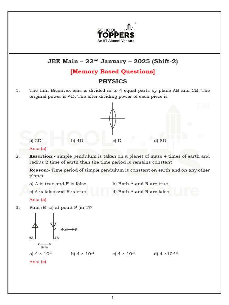 JEE Main 2025 Physics Chemistry Math Solutions | PDF | Force | Resonance