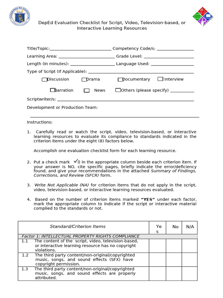 Evaluation Checklist Tool For Script Video Television Based or ...