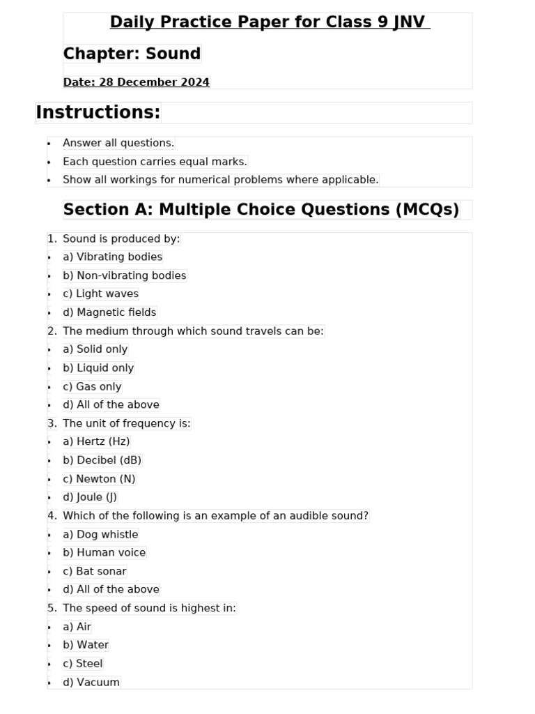 Daily Practice Paper For Class 9 JNV | PDF | Sound | Frequency