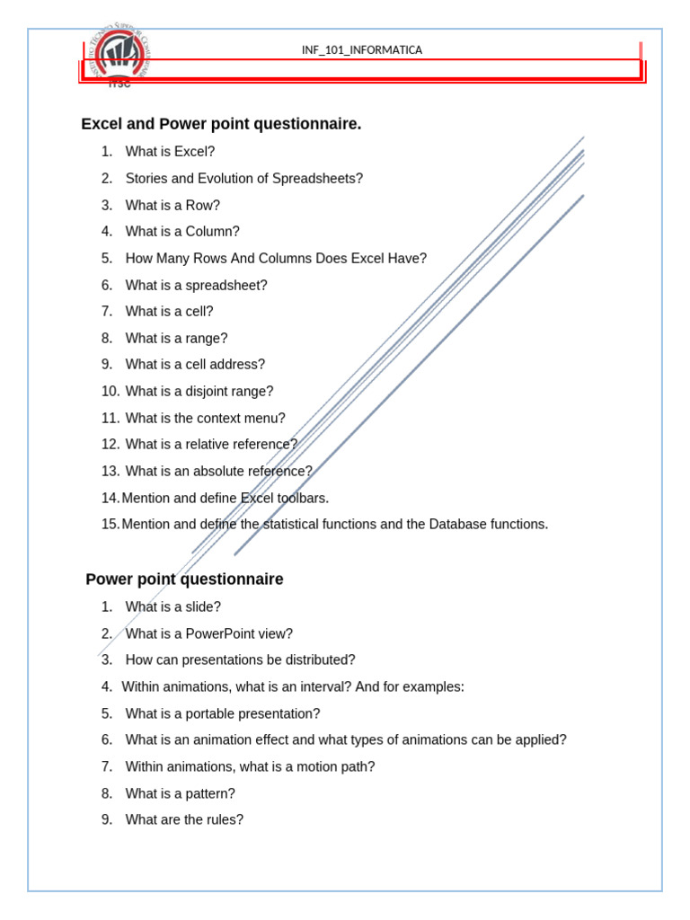Excel and PowerPoint Questionnaire | PDF | Spreadsheet | Microsoft Excel
