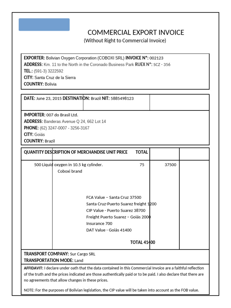 Export Invoice for Liquid Oxygen | PDF