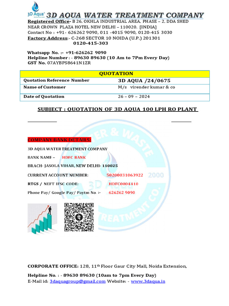 Quotation of 3D Aqua 100 LPH Ro Plant | PDF | Sewage Treatment ...
