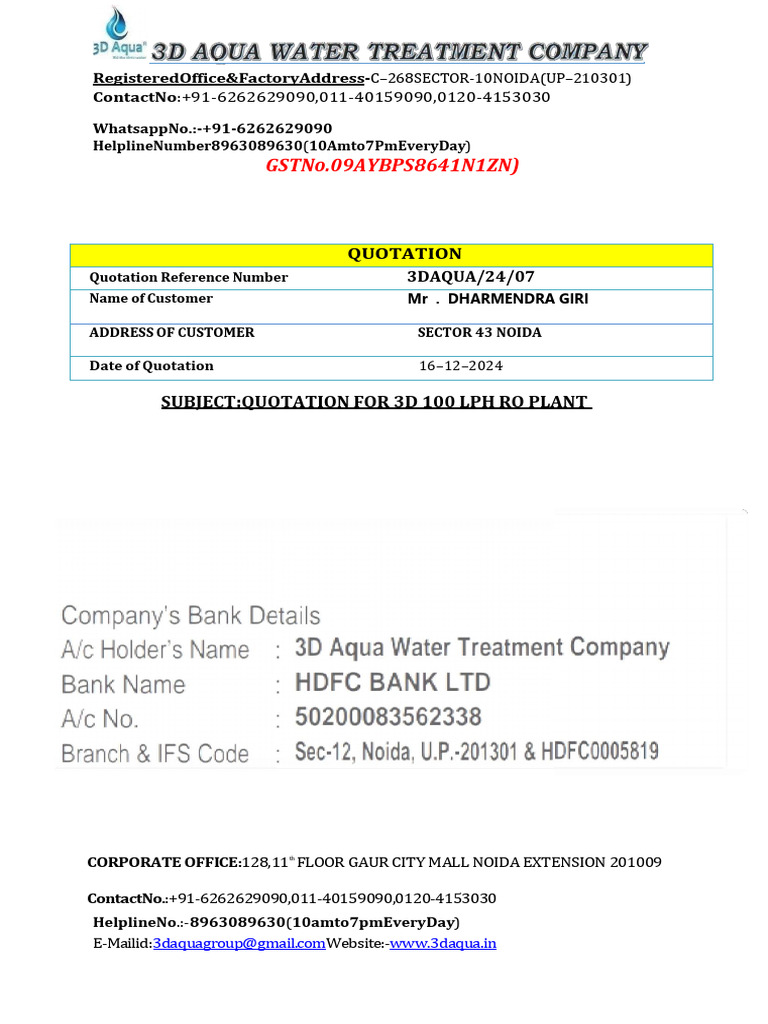 Quotation For 3d 100 LPH Ro Plant | PDF | Sewage Treatment | Membrane
