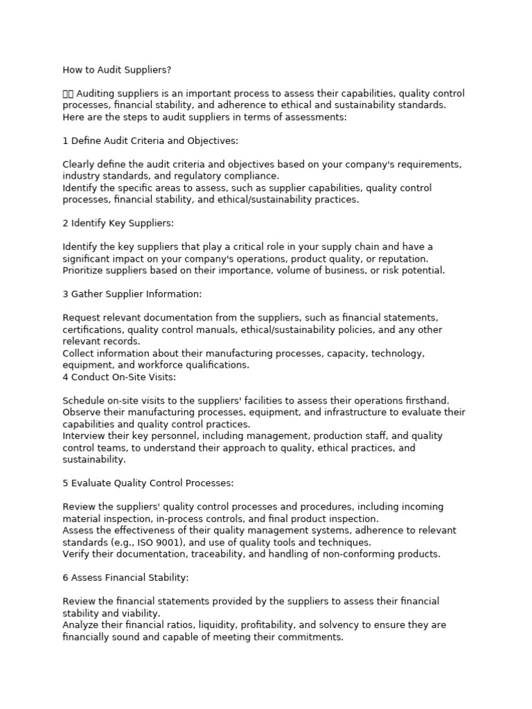 Audit Checklist for Supplier | PDF | Audit | Supply Chain