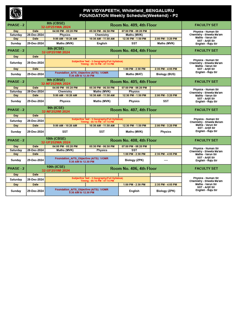 PW Vidyapeeth Weekend Schedule 2024 | PDF | Natural Sciences | Physical Sciences