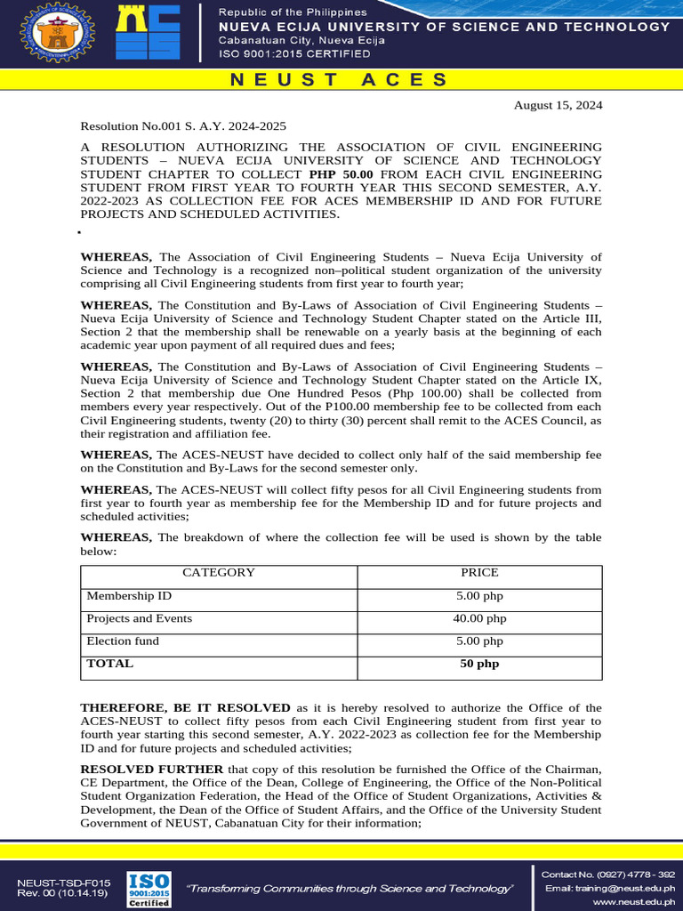 NEUST ACES Resolution For Membership | PDF