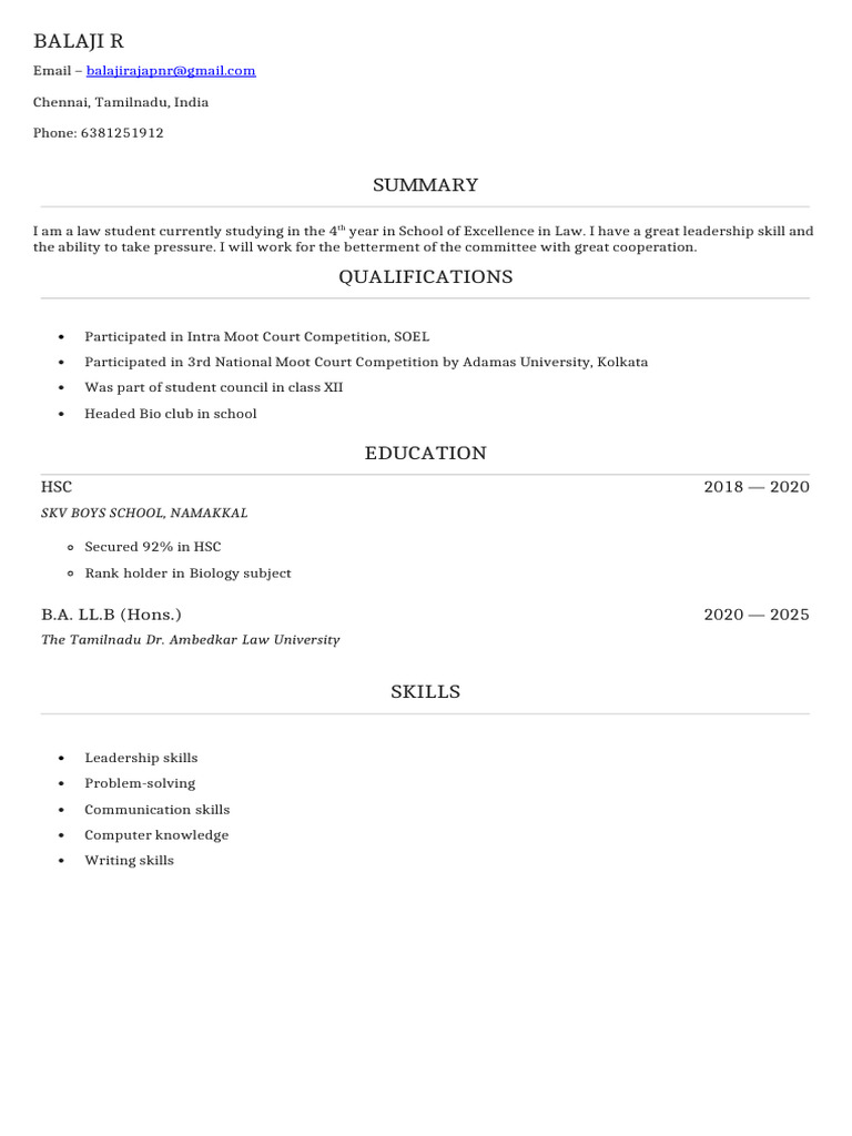 Law Student Resume - Balaji R | PDF