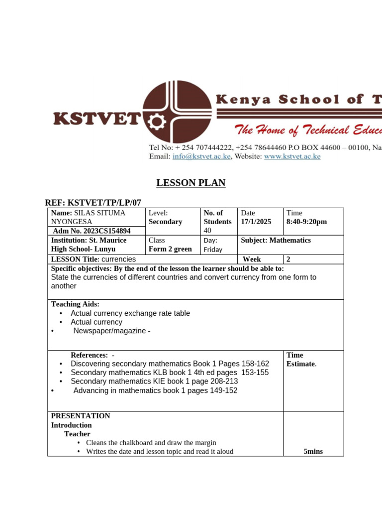 FORM TWO GREEN LESSON | PDF | Lesson Plan | Mathematics