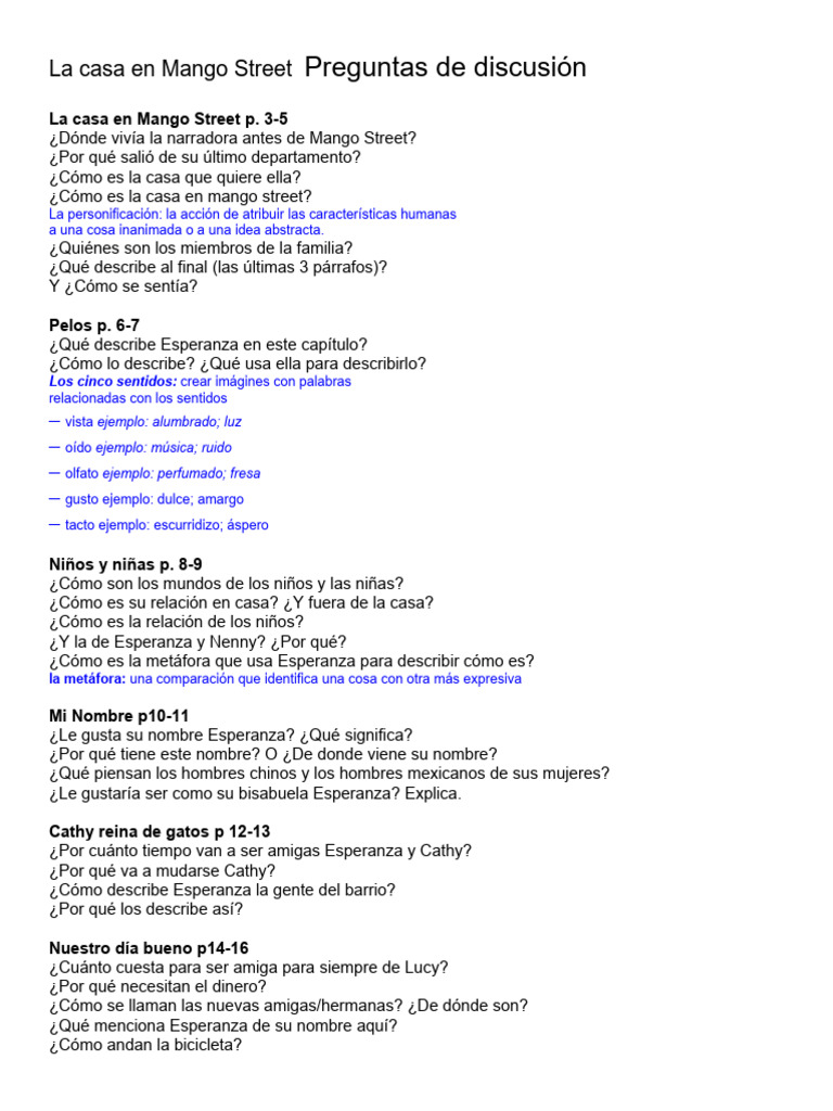 La Casa en Mango Street - Cuestionario Completo | PDF
