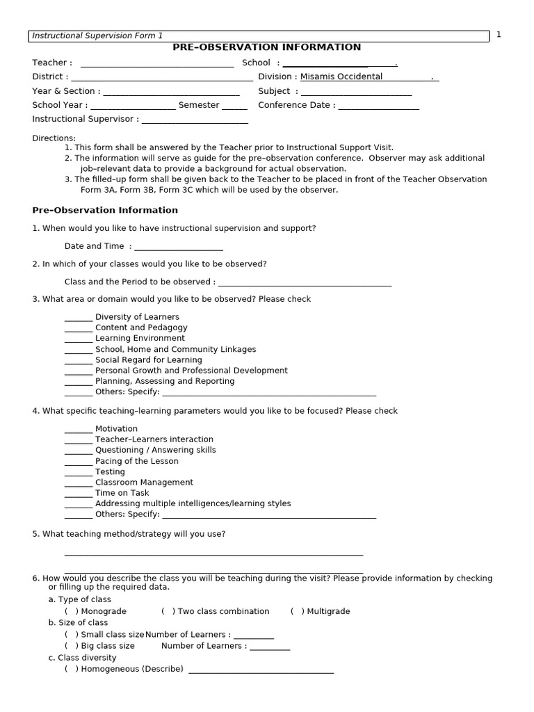 Is Form 1 Pre Observation | PDF | Teachers | Learning
