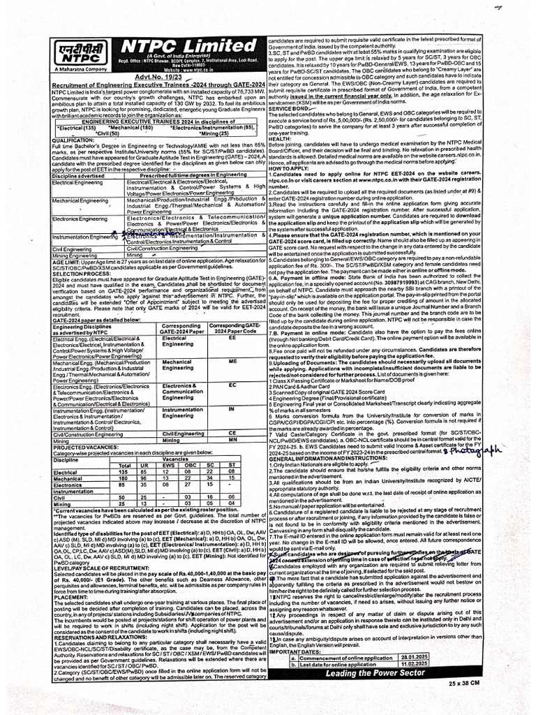 475 Engineering Executive Trainees Posts Advt Details NTPC | PDF