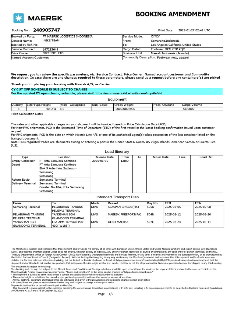 Maersk Booking Amendment Confirmation | PDF | Cargo | Freight Transport