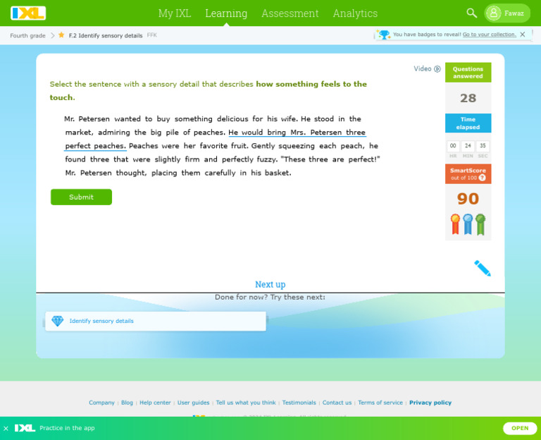 IXL Identify Sensory Details 4th Grade Language Arts | PDF