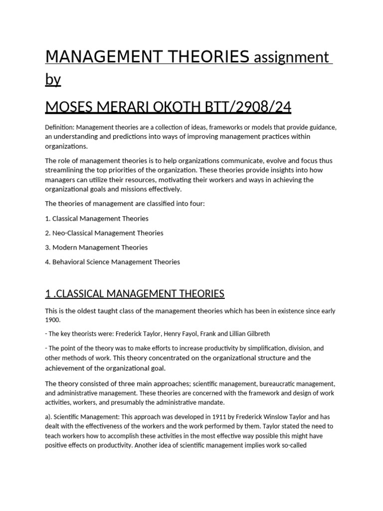 The Management Theories Assignment by Moses Merari Okoth | PDF | System | Bureaucracy