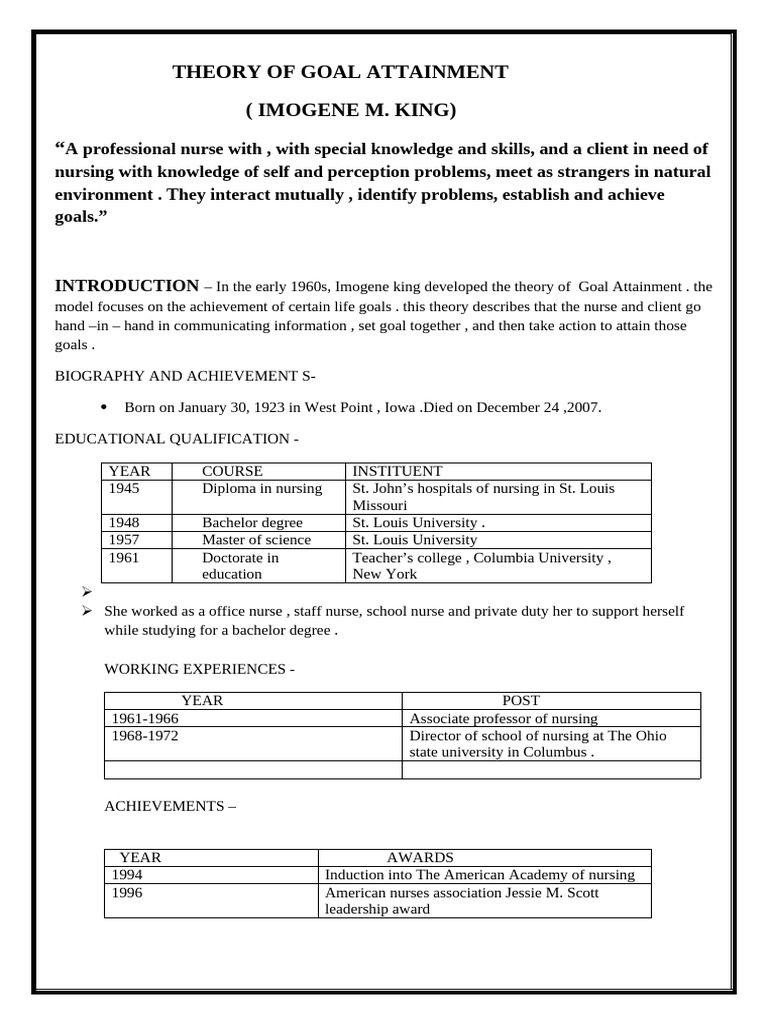 THEORY OF GOAL ATTAINMENT | PDF | Nursing | Theory