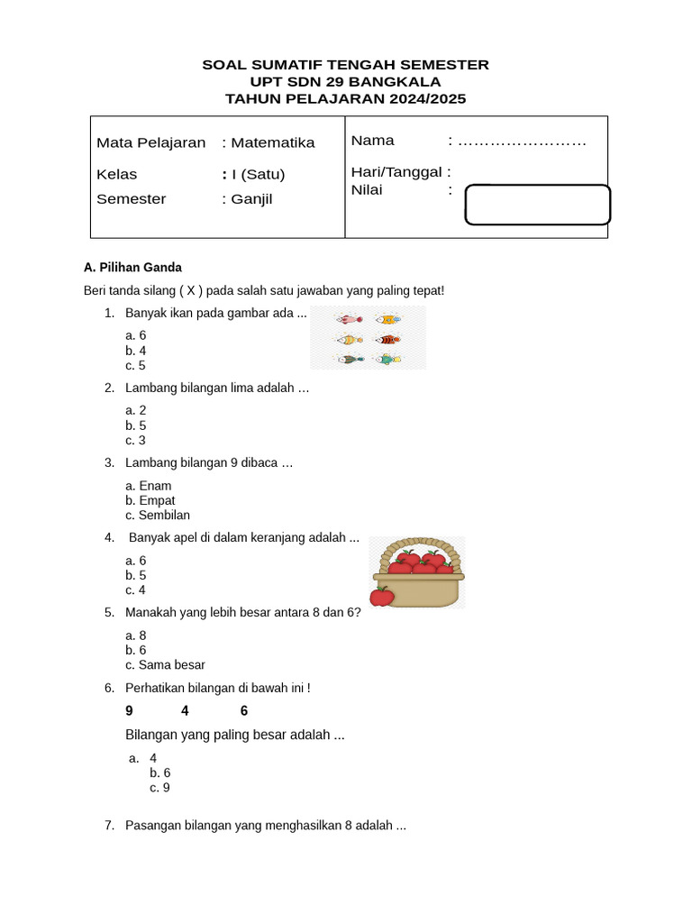 Soal Sumatif Tengah Semester 1 MTK | PDF