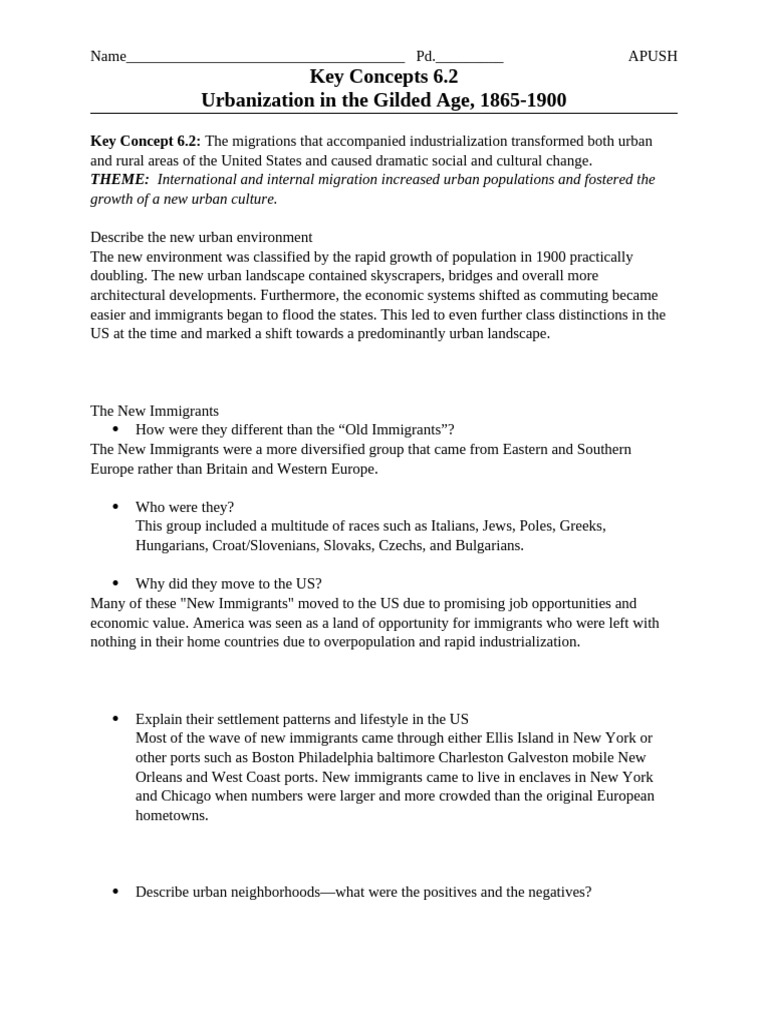 Key Concepts Packet 6.2 Urbanization in The Gilded Age | PDF ...