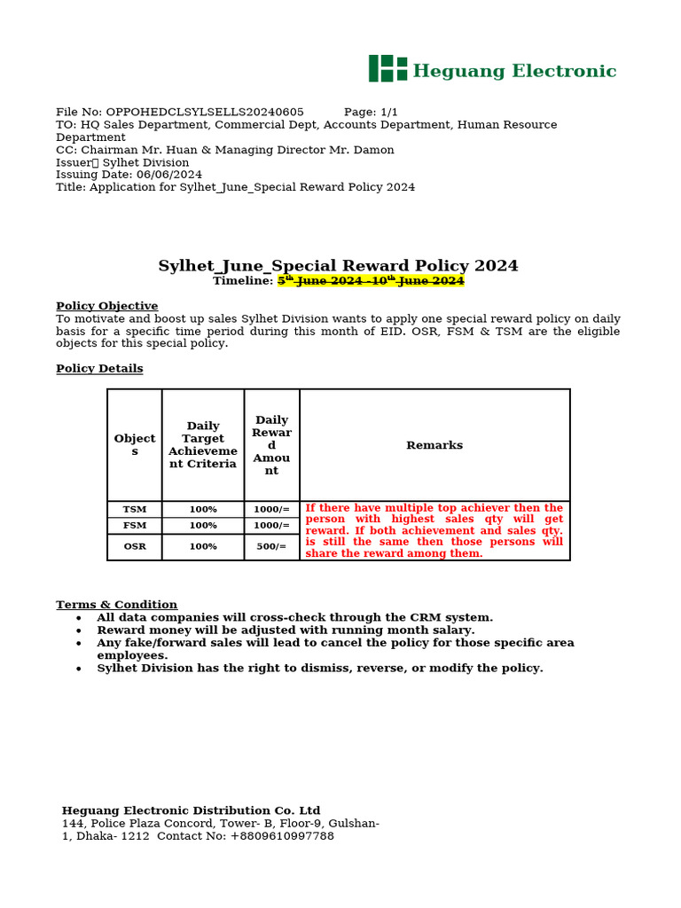 Sylhet - June - Special Reward Policy 2024 | PDF
