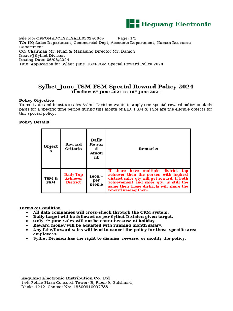 Sylhet - June - TSM-FSM Special Reward Policy 2024 | PDF