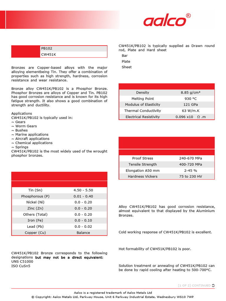 Aalco Metals LTD - Copper and Copper Alloys CW451K Sheet and Bar - 120 ...