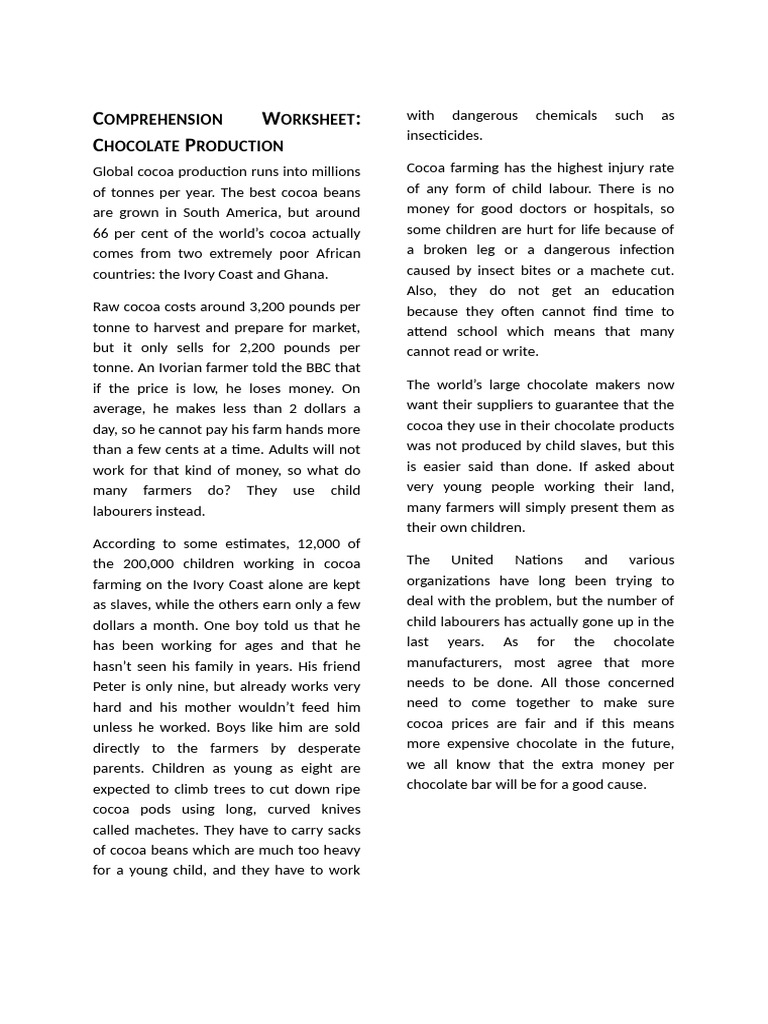 Comprehension Worksheet | PDF | Cocoa Bean | Chocolate