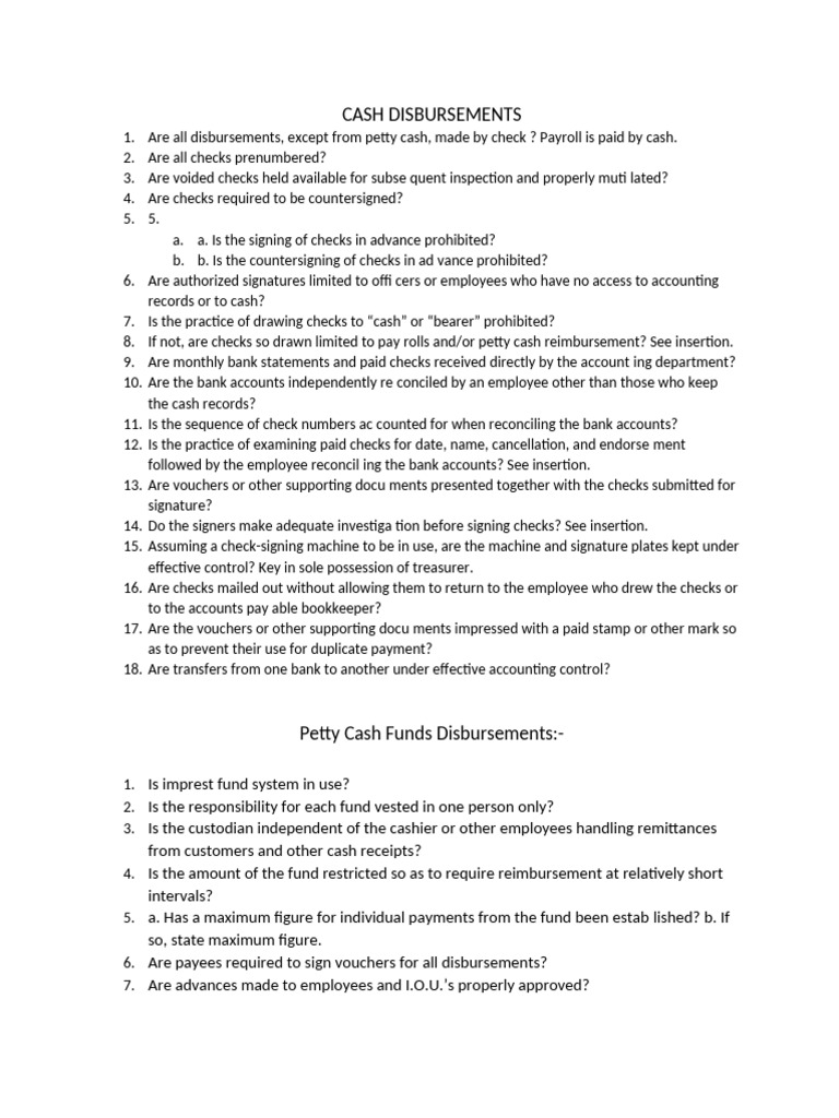 Cash Disbursement and Control Checklist | PDF | Banks | Business