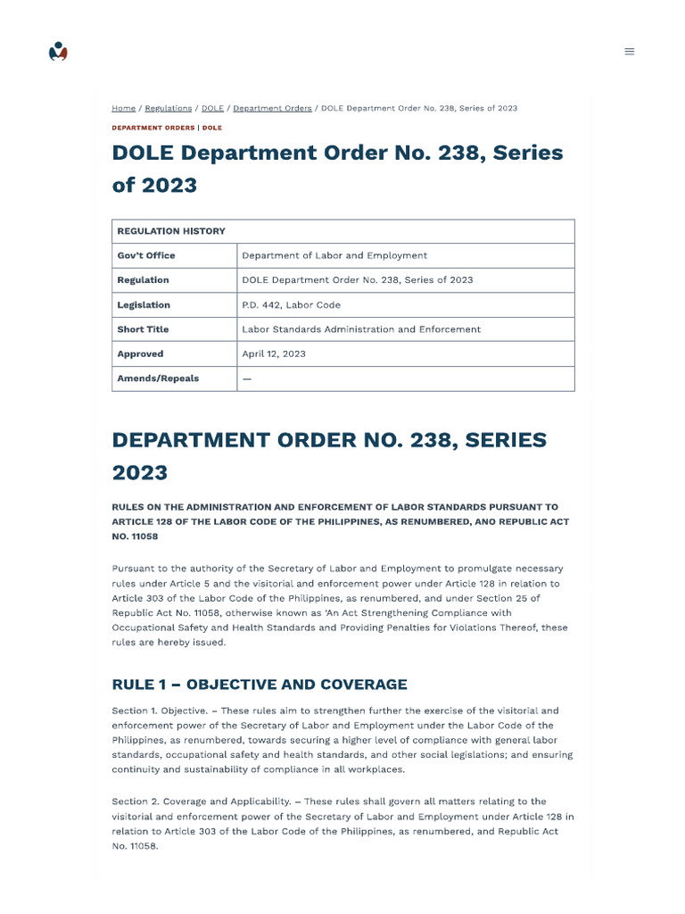 Dole Department Order No 238 Series of 2023 | PDF