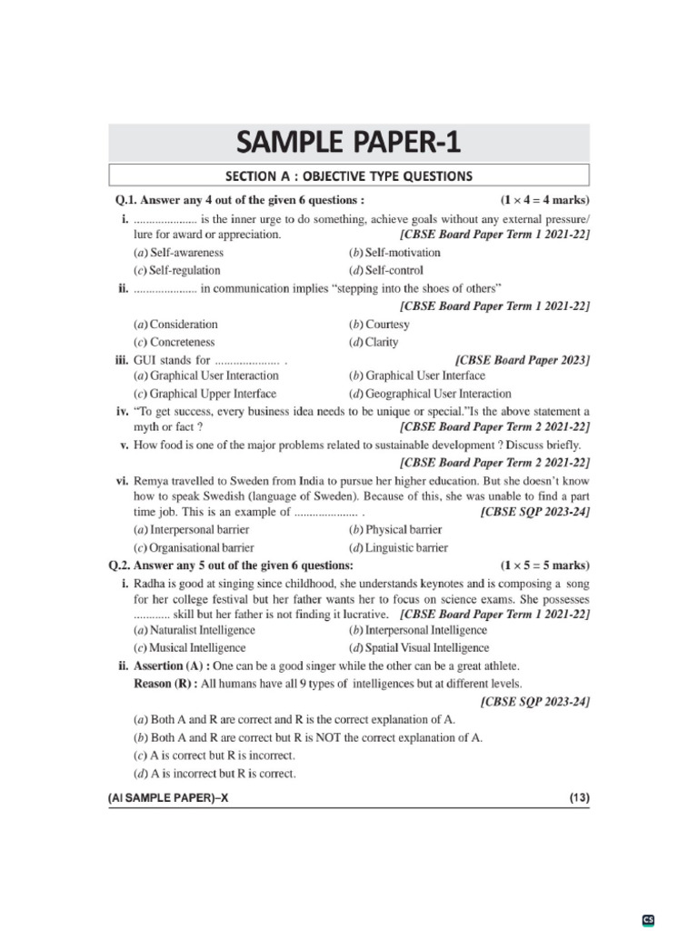 AI Class-X Sample Papers With Answer Keys | PDF